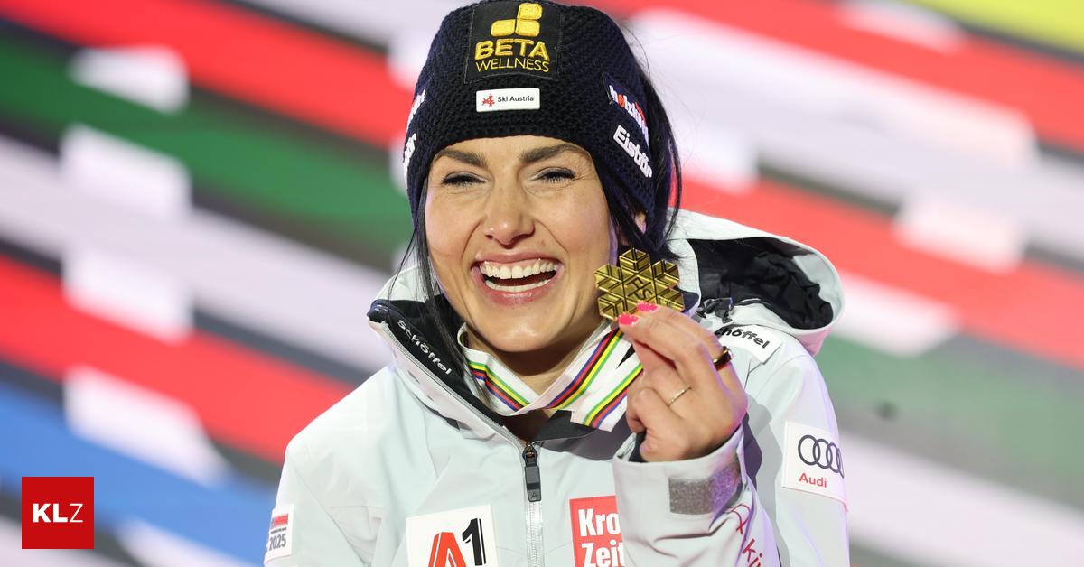 So schön strahlte Weltmeisterin Stephanie Venier mit ihrer Goldmedaille